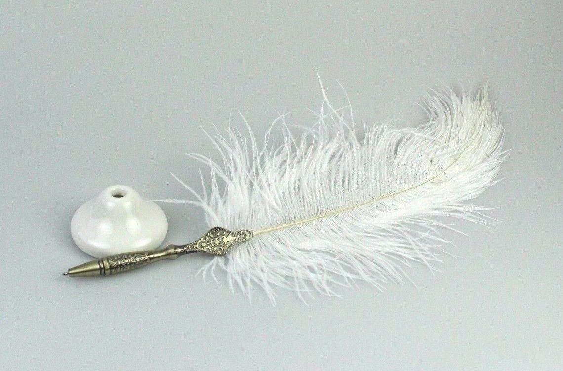 White Quill Feather Ballpoint Pen Set With Ceramic Pen Stand – RiNo ...